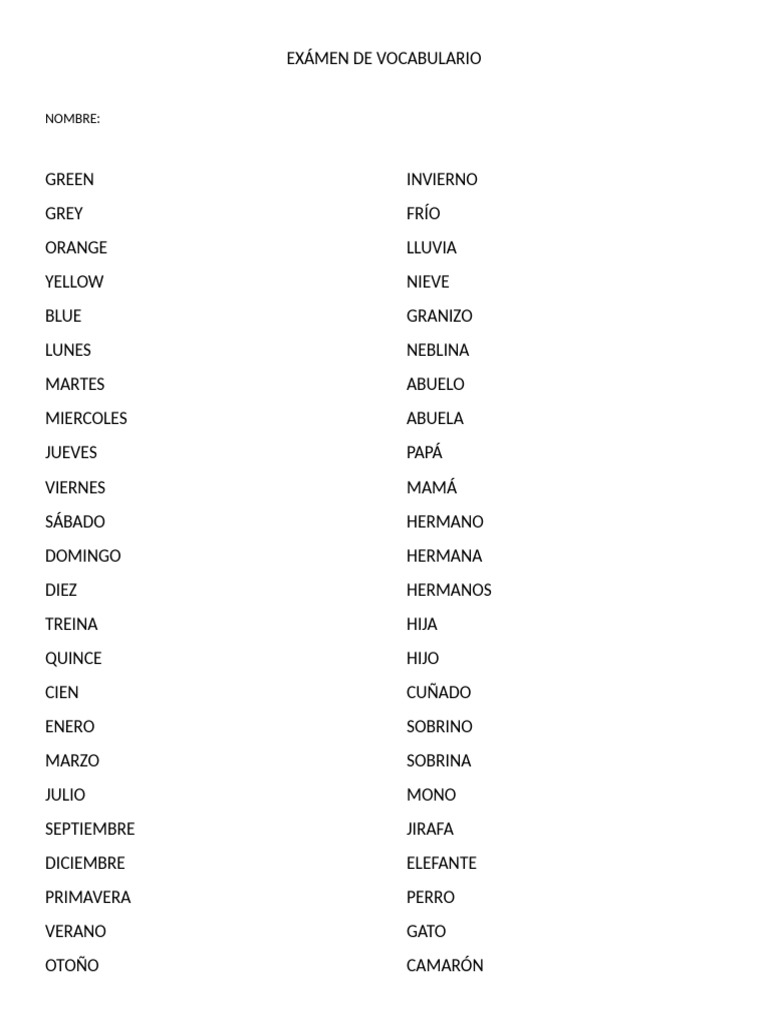 Examen de Vocabulario en Inglés | PDF