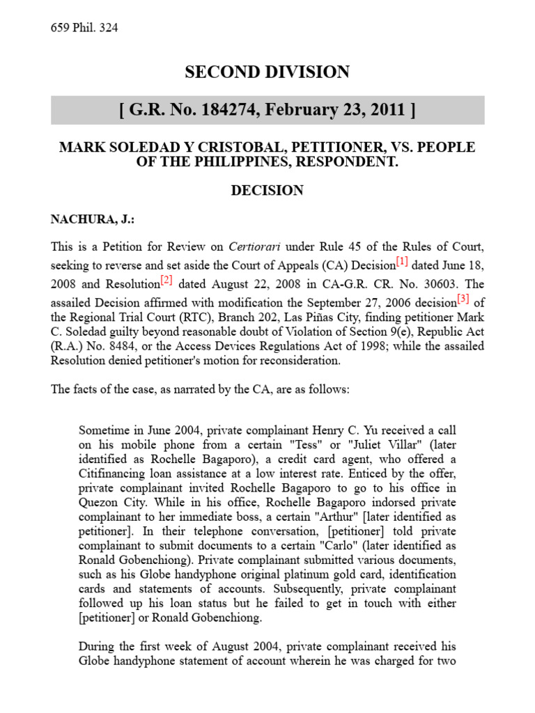 Mark Soledad y Cristobal, Petitioner, vs. People of The Philippines, Respondent. | PDF ...