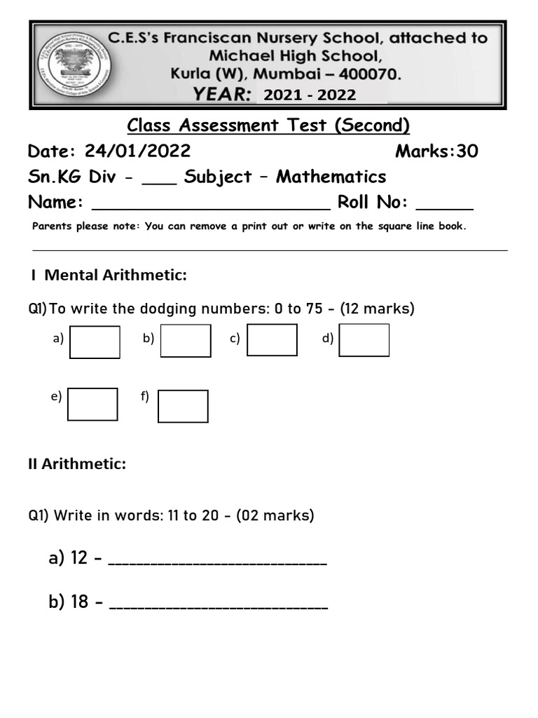 Sn KG Mathematics 2nd Unit Test 24-1-2022 | PDF