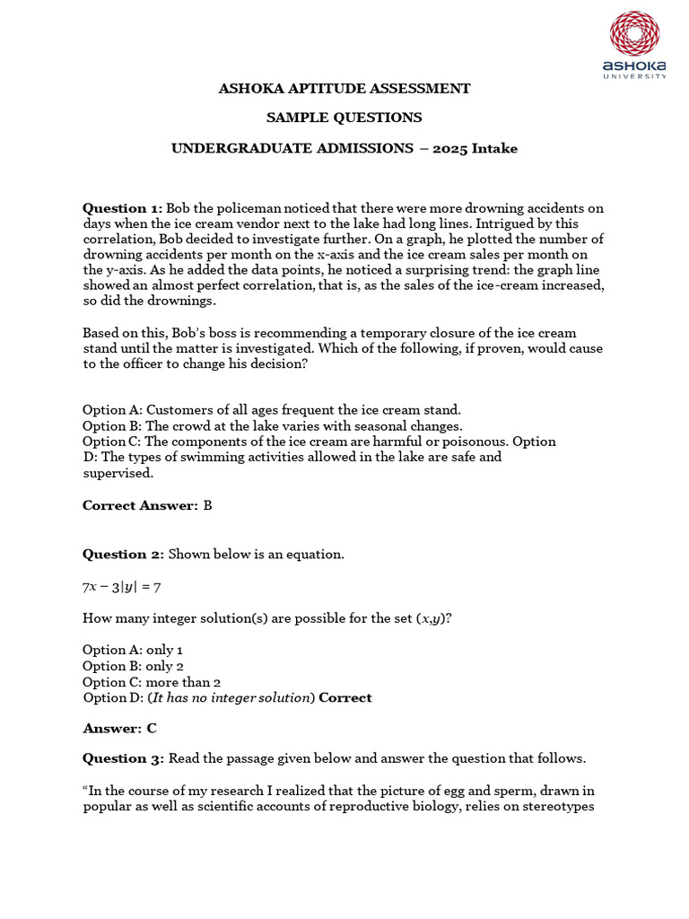 Ashoka Aptitude Assessment Sample Questions UG 2025 Intake 2 | PDF | Breads