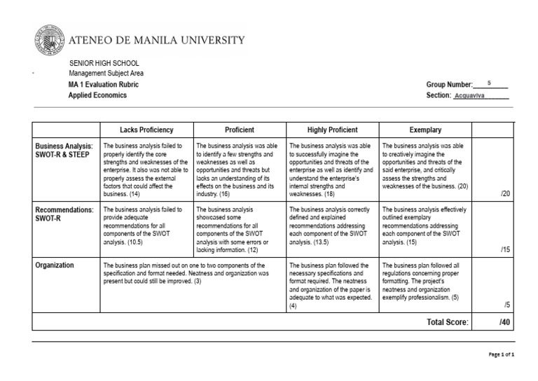 App Econ MA1 Rubric | PDF | Swot Analysis | Business Analysis