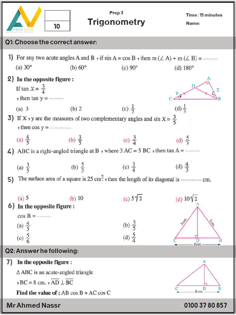 Grade 9 Trigonometry Lesson 1 Quiz | PDF