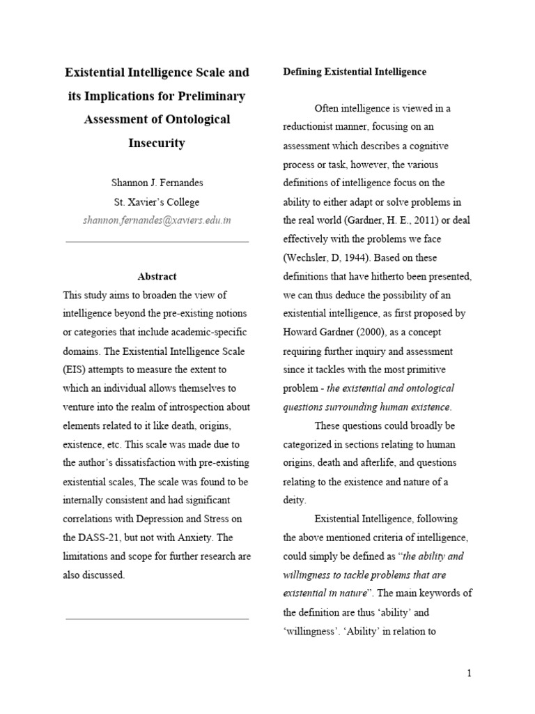 Existential Intelligence Scale and Its Implications For Preliminary ...