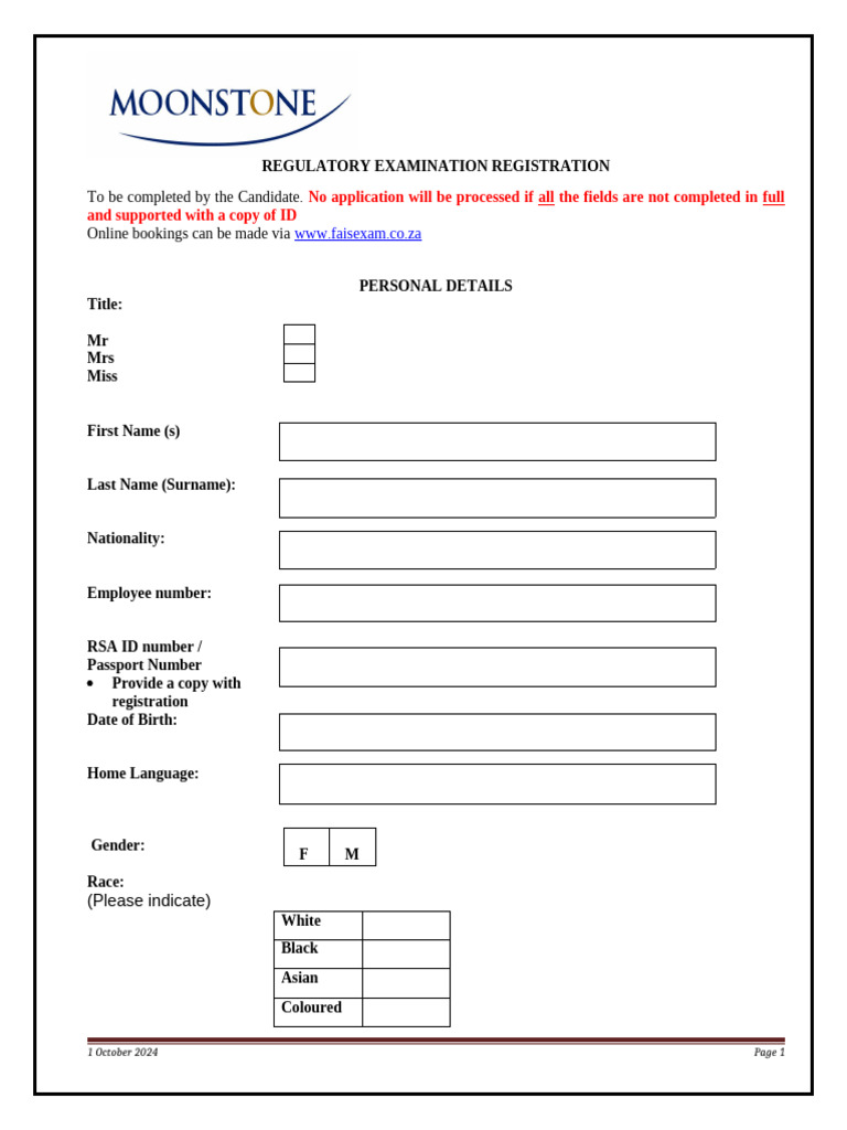 Individual Registration Form for Regulatory Examinations | PDF ...