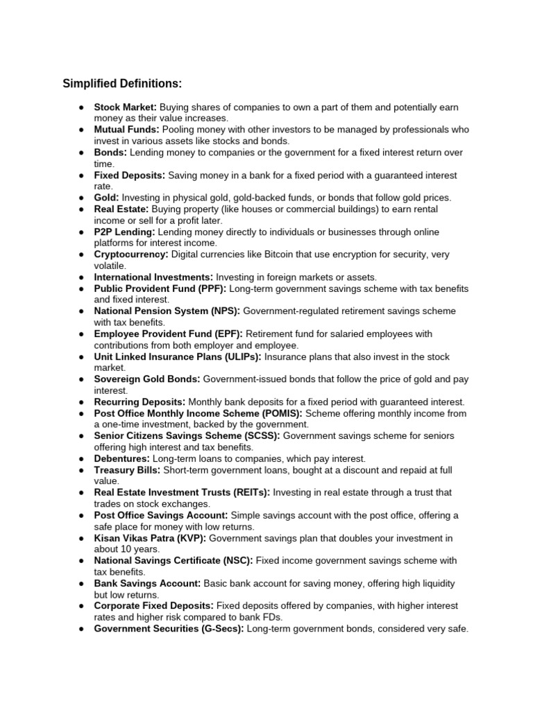 Simplified Definitions - Stock Market | PDF | Investing | Bonds (Finance)