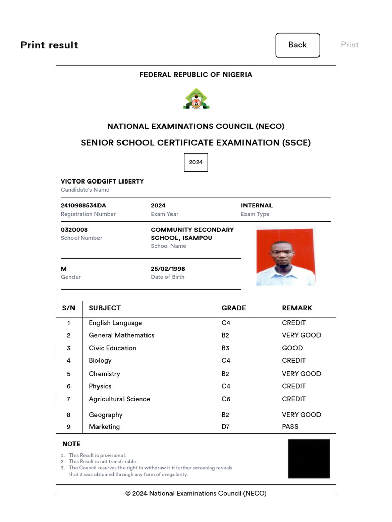 Https/results - Neco.gov - Ng/photocardexam Type Ssce Int-1 | PDF