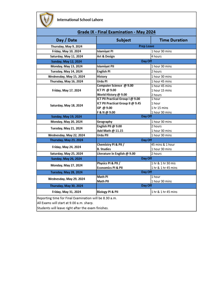 Final Exam Datesheet Pdf