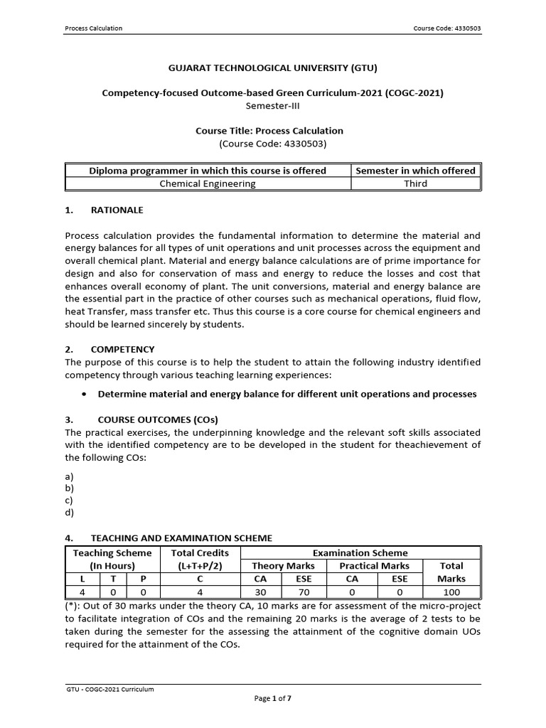 Process Calculation Course Code: 4330503 | PDF | Gases | Mole (Unit)