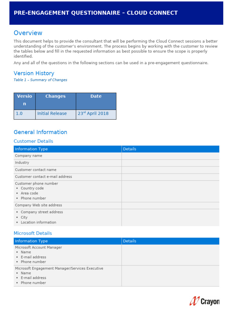 Pre-Engagement Questionnaire - Cloud Connectvity V1.0 | PDF | Cloud Computing | Information ...