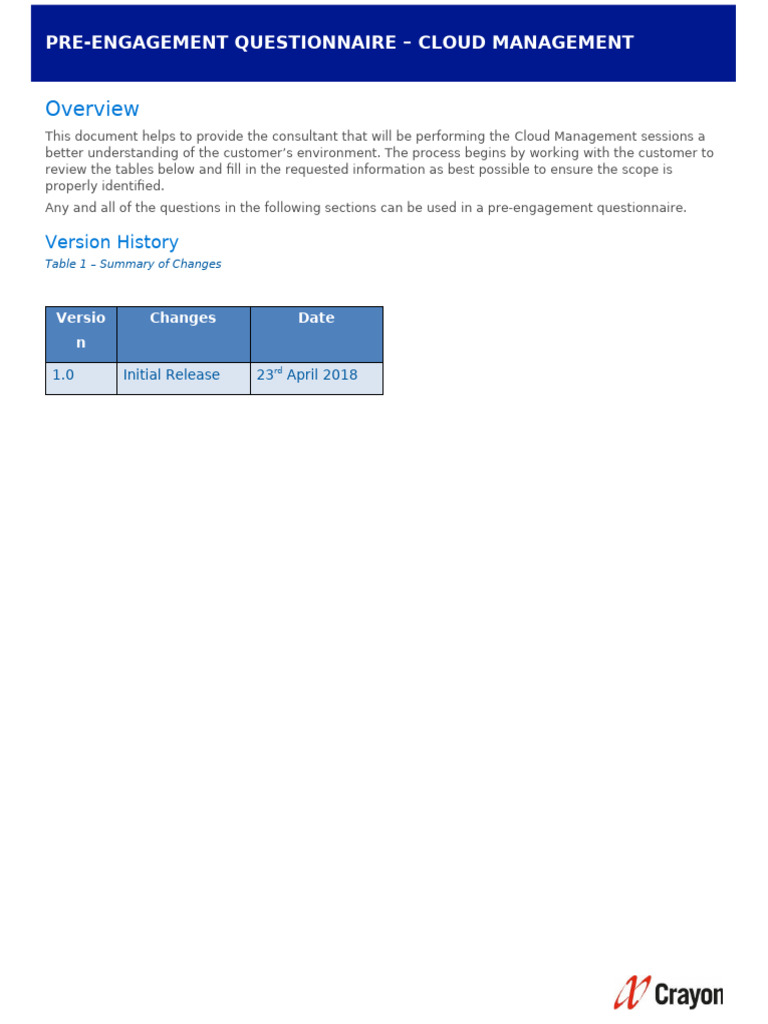 Pre-Engagement Questionnaire - Cloud ManagementV1.0 | PDF | Cloud ...