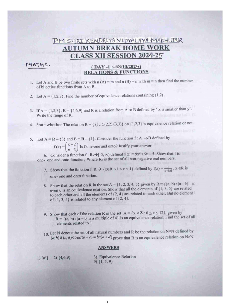 Autumn Break HHW Maths - XII | PDF