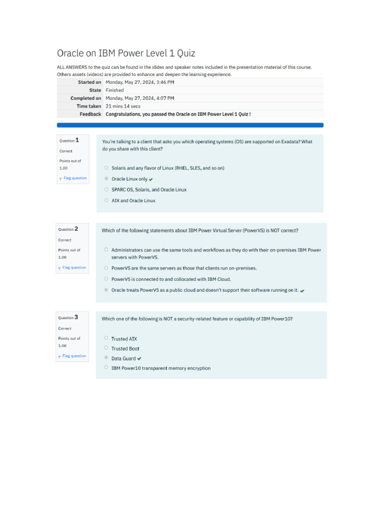 Oracle On IBM Power Level 1 Quiz | PDF