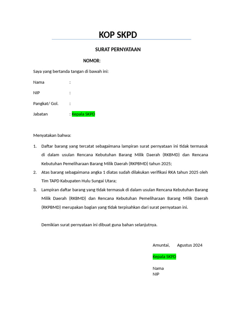 Surat Pernyataan RKBMD 2025 SKPD | PDF