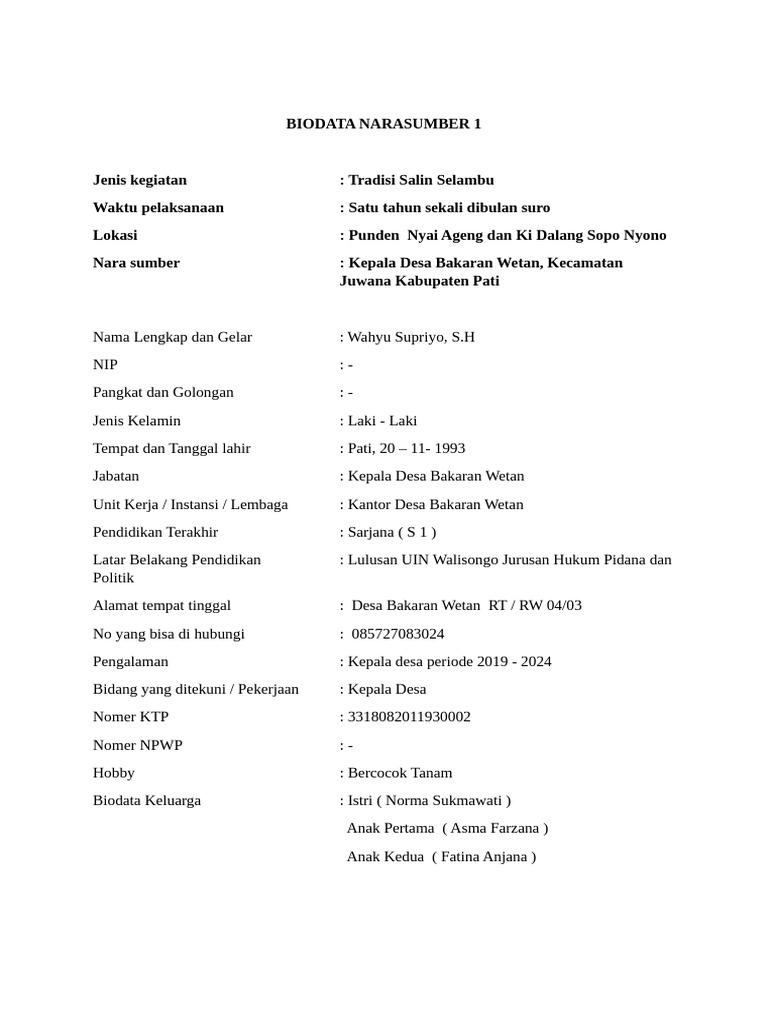 Biodata Narasumber Tradisi Salin Selambu | PDF