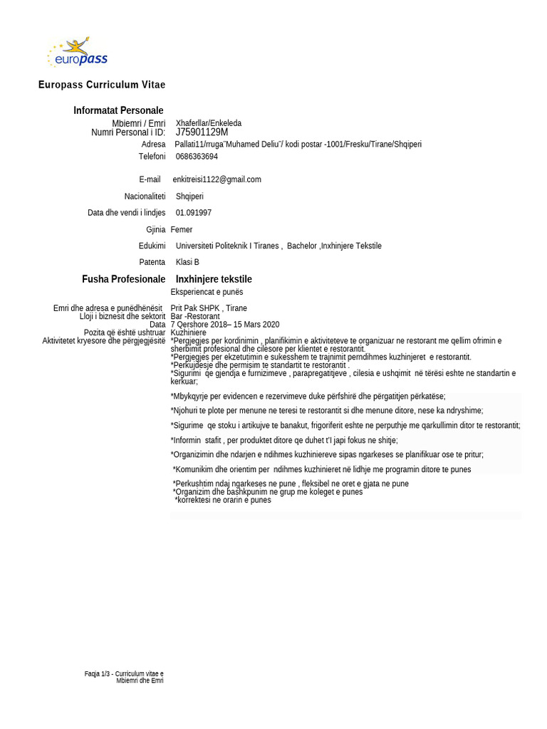 CV Europas Shqip 1 2 1 | PDF