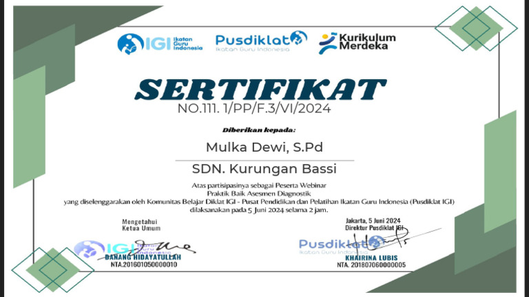 Sertifikat RHK 2 - Mulka Dewi, S.PD 5 Juni 2024.pdf - Batal Digunakan | PDF