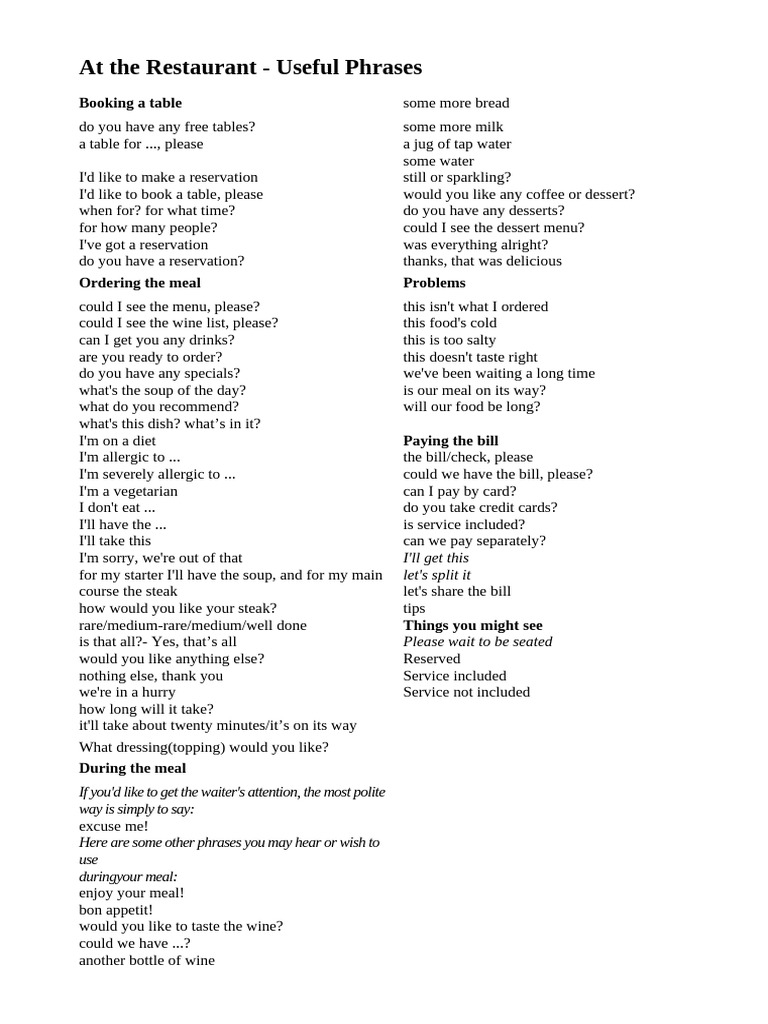 At The Restaurant - Phrases | PDF | Restaurants | Waiting Staff