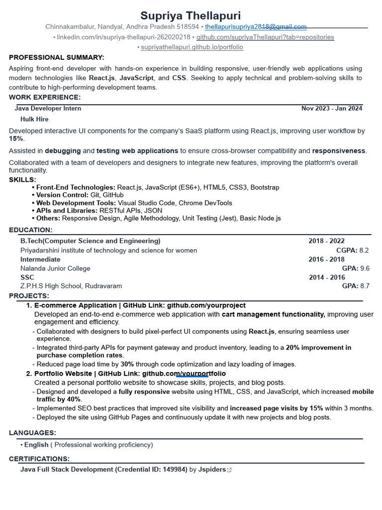 Supriya Thellapuri: Front-End Developer | PDF | Java Script | Web Development