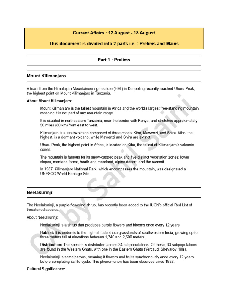 Current Affairs Summary: August 12-18 | PDF