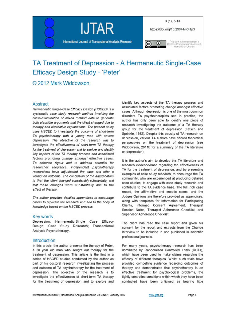 TA - Vol 3 No 1 Widdowson 3-13 | PDF | Psychotherapy | Major Depressive Disorder