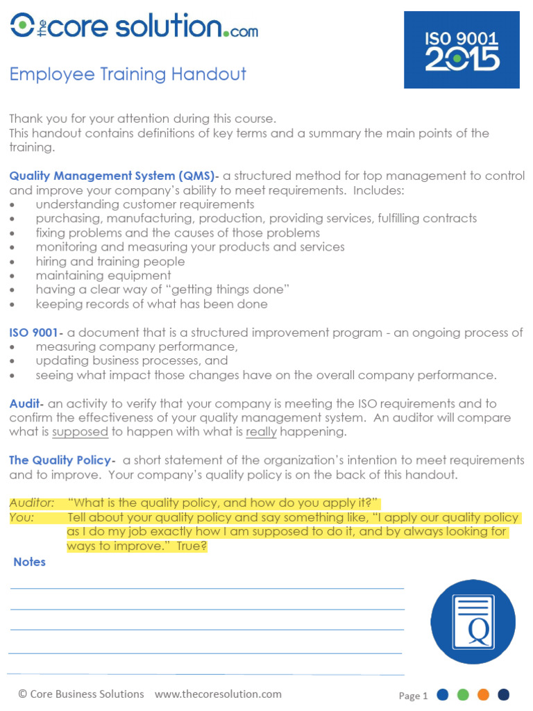 ISO Employee Training Handout | PDF | Quality Management System | Quality Management
