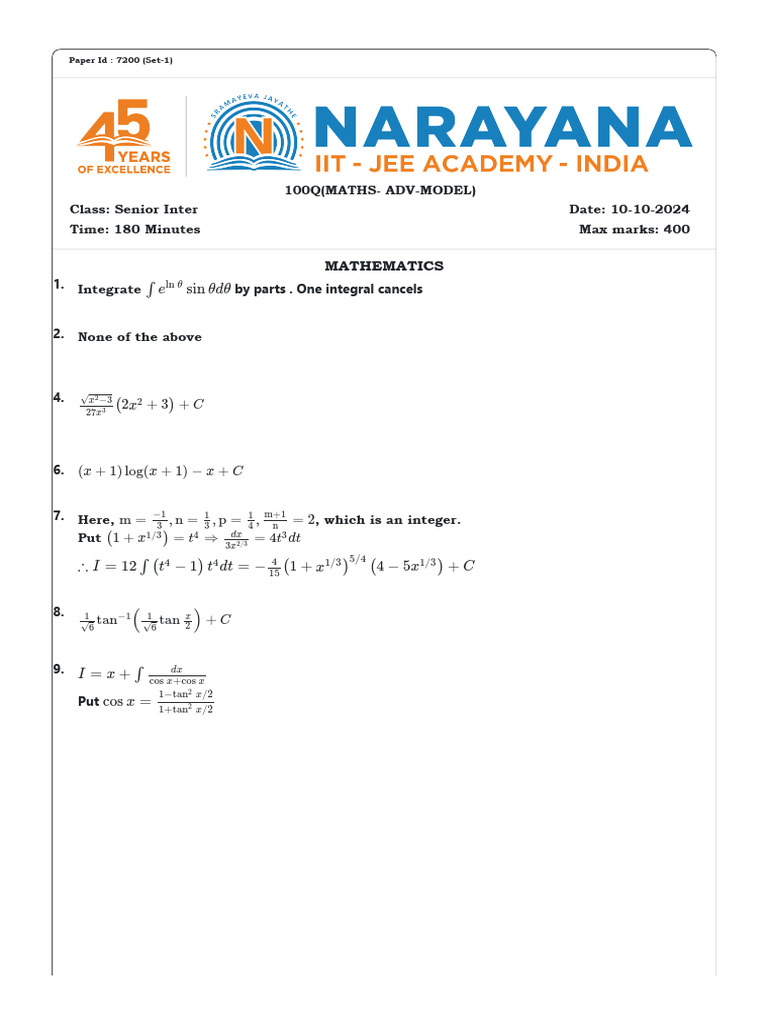 100Q (Maths - Adv-Model) - 7200 - Sol - 241004 - 202443 | PDF | Euclidean Geometry ...