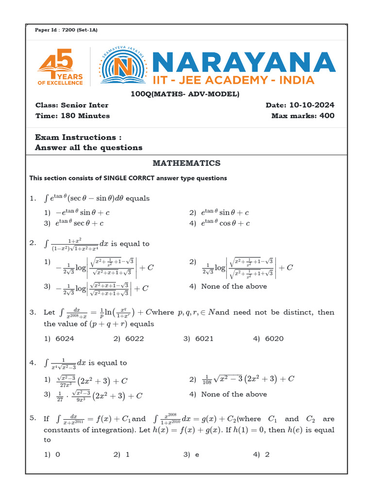 100Q (Maths - Adv-Model) - 7200 - QP - 241004 - 202420 | PDF | Geometry | Mathematical Concepts