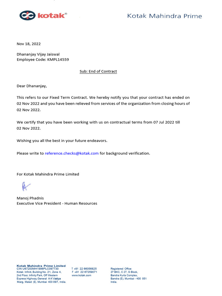 Kotak Prime Releving Letter | PDF