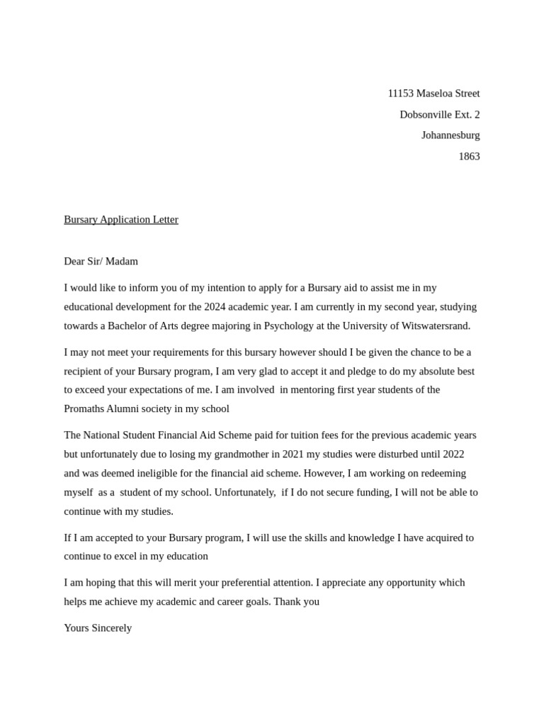 Bursary Appeal for Psychology Student | PDF