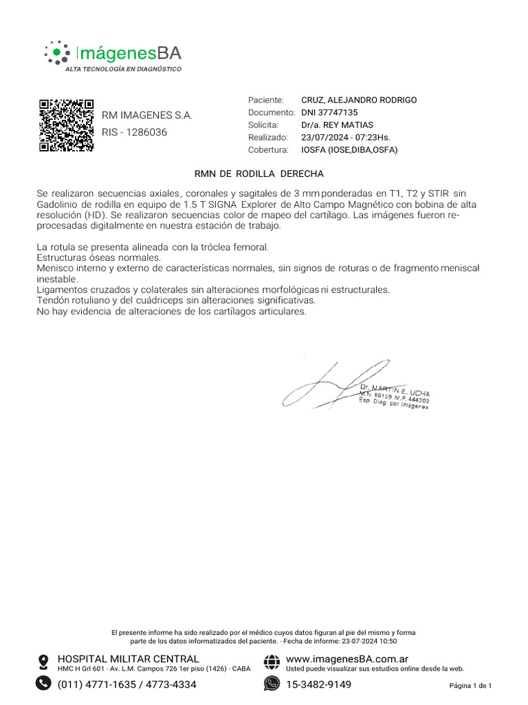 RM Imagenes S.A. RIS - 1286036: RMN de Rodilla Derecha | PDF | Rodilla ...