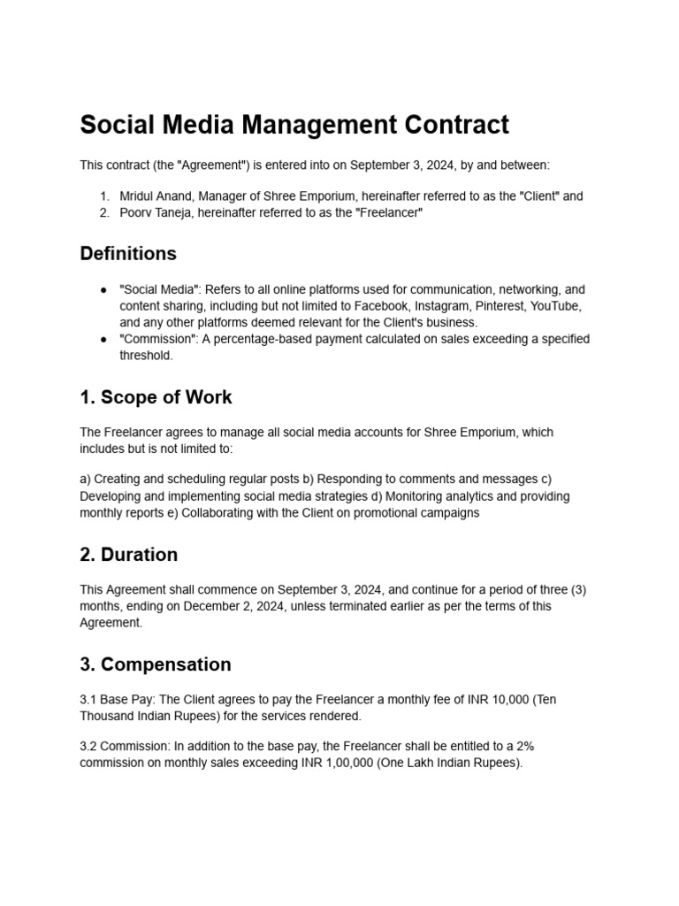 Social Media Management Contract Template | PDF | Freelancer | Employment
