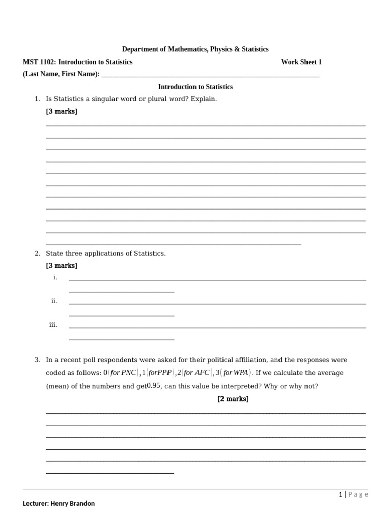 MST 1102 Worksheet 1 | PDF | Statistics | Quantitative Research