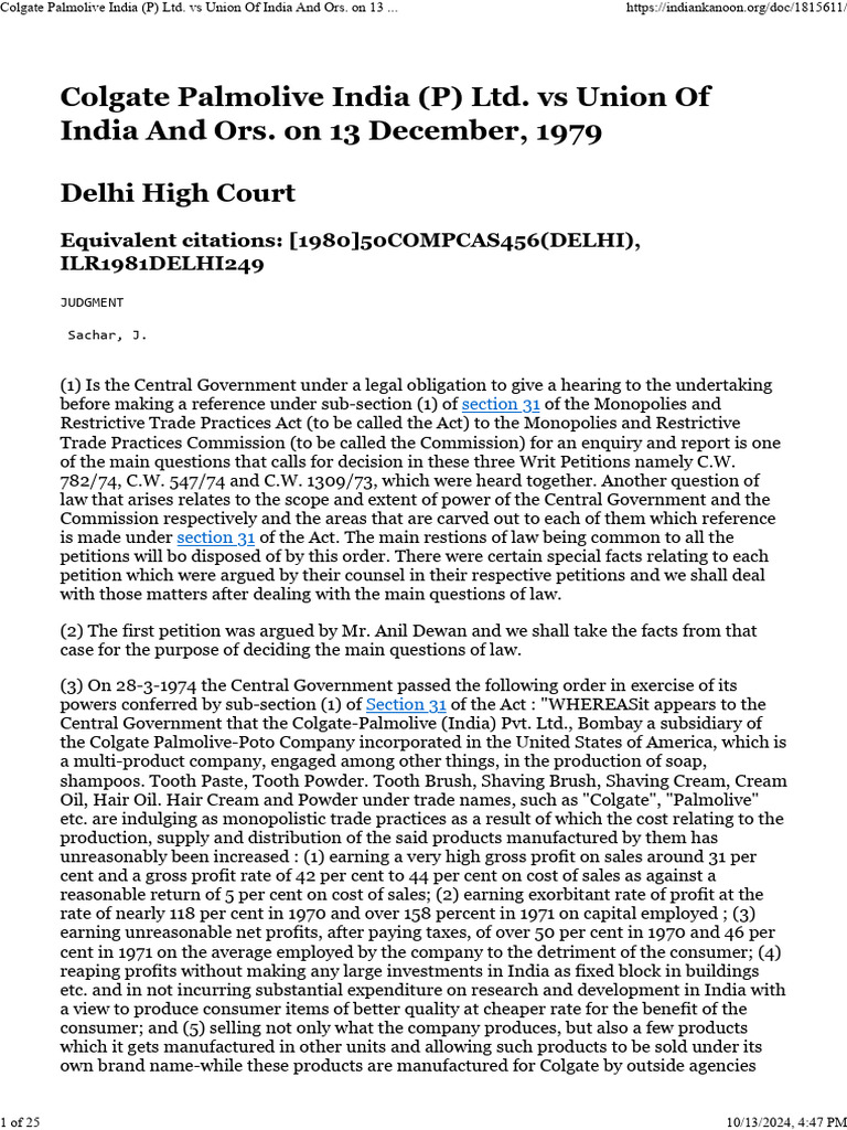 Colgate vs Union of India: Monopolies Act Case | PDF | Monopoly ...