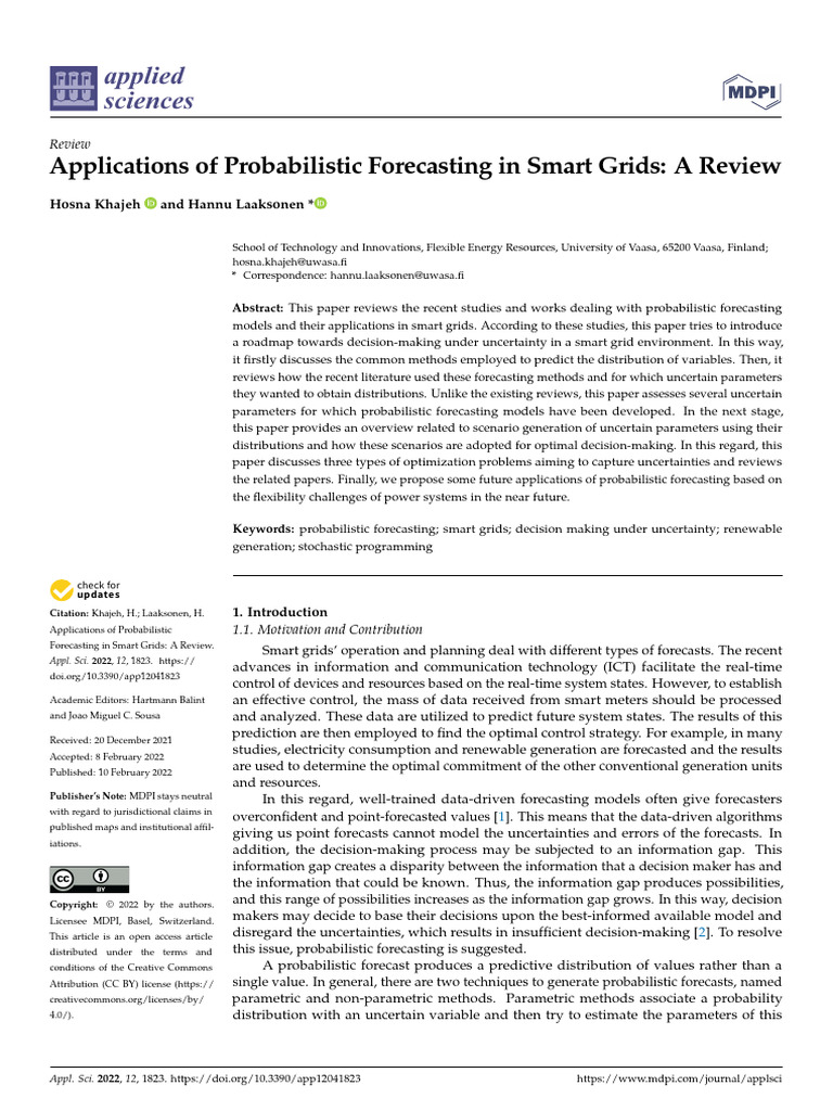 Applications of Probabilistic Forecasting in Smart Grids A Review | PDF ...