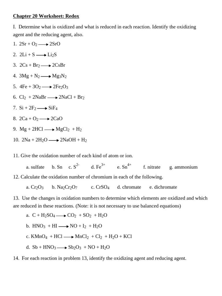 Redox Reactions Worksheet Answers | PDF