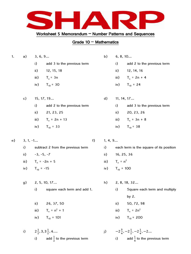Worksheet 5 - Memo - Patterns and Sequences | PDF | Mathematics ...