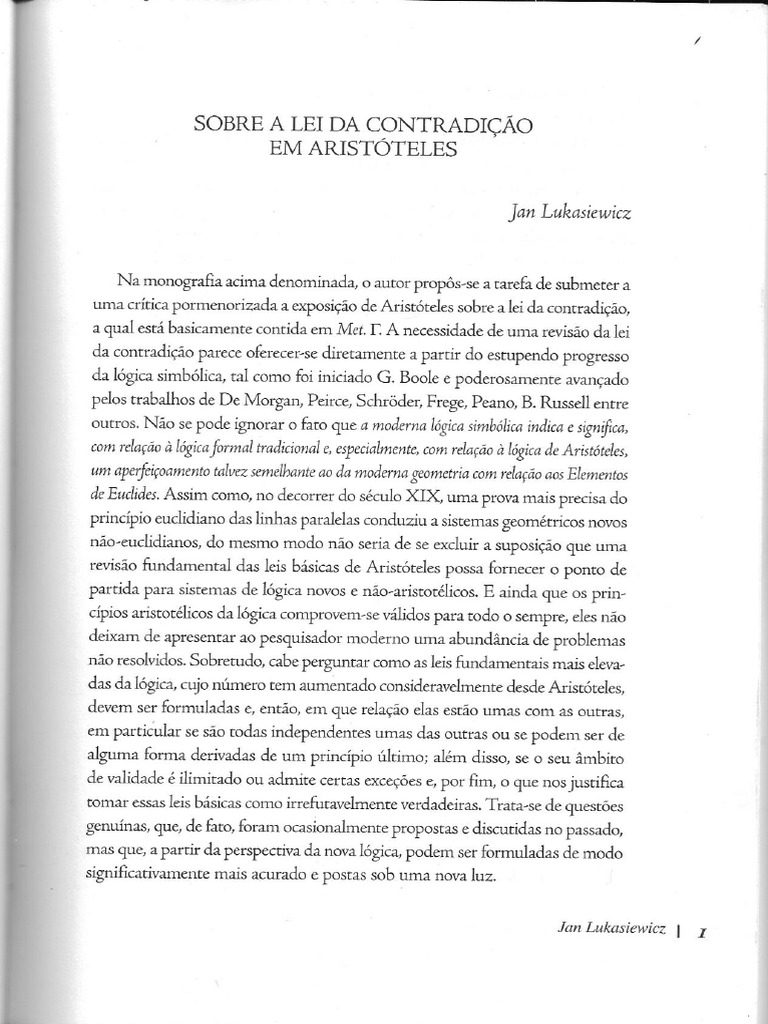 Sobre A Lei Da Contradicao em Aristoteles Jan Lukasiewicz Traducao de ...