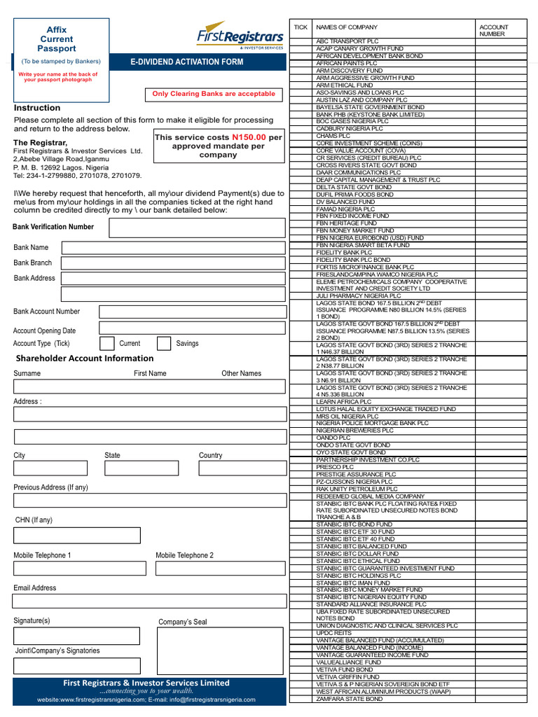 First Registrars E Dividend Mandate Form New | PDF | Banks | Securitization