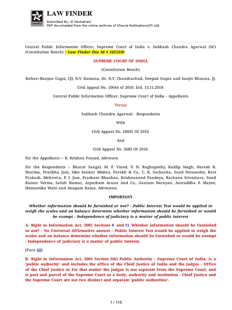 CIC Vs Subhash Chandra Agarwal - SC Case | PDF | Supreme Court Of India ...