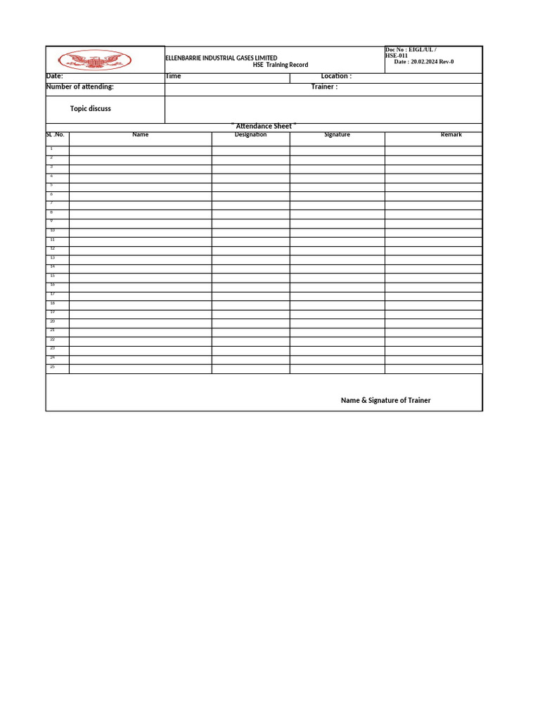 HSE Training Attendance Sheet | PDF
