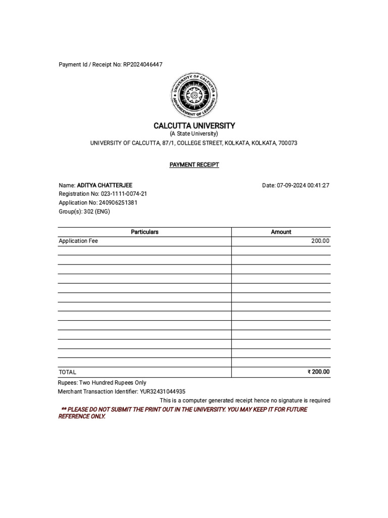 Calcutta University Payment Receipt | PDF