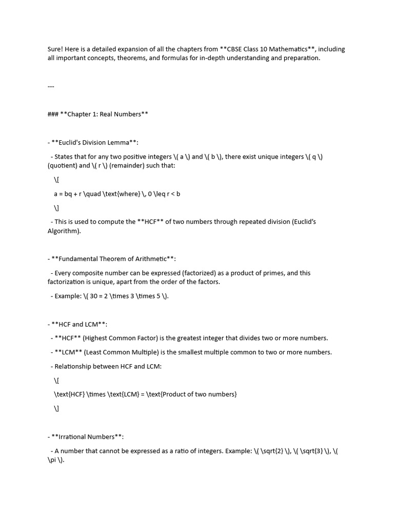 CBSE Class 10 Maths Notes PDF | PDF | Mathematics | Mathematical Analysis