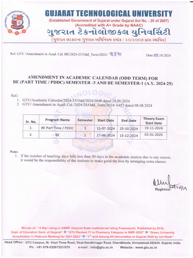 GTU 2024-25 Academic Calendar Update | PDF