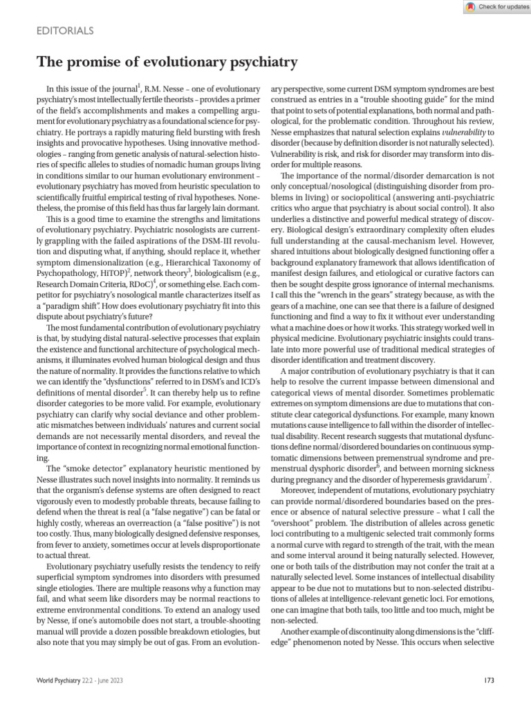 World Psychiatry - 2023 - Wakefield - The Promise of Evolutionary ...