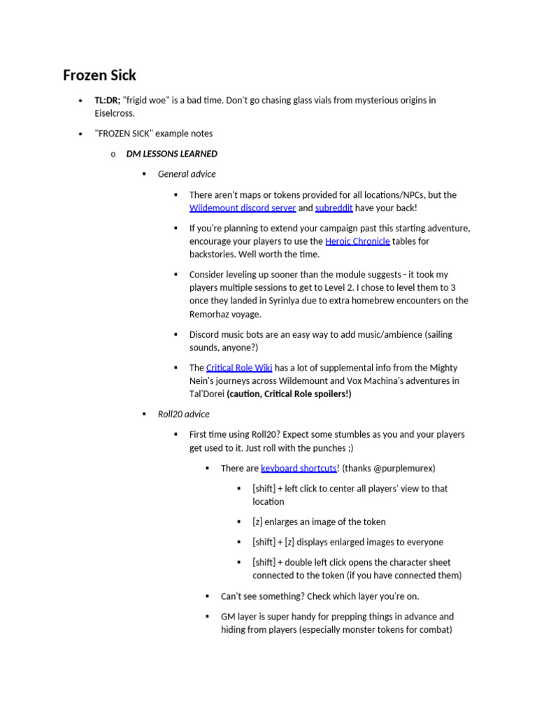 Frozen Sick DM Notes | PDF | Dwarf (Dungeons & Dragons)