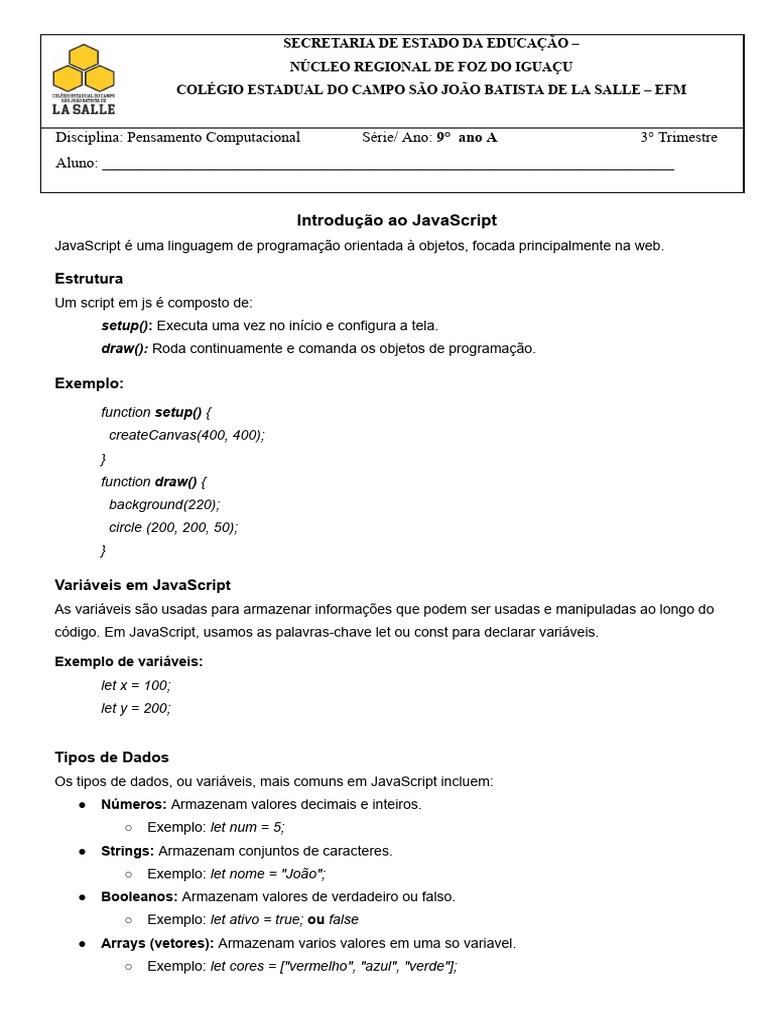 ATIVIDADE JavaScript - 9° ANO | PDF | Script Java | Tipo de dados