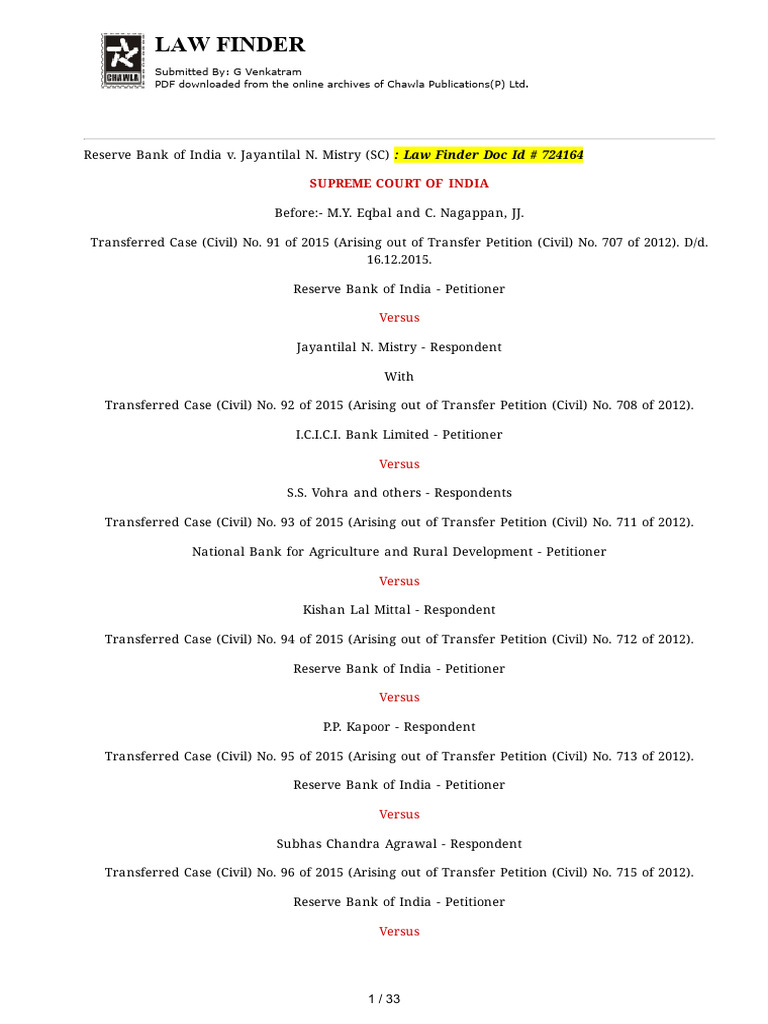 RBI Vs Jayantilal Mistry - RTI Case SC | PDF | Fiduciary | Reserve Bank Of India