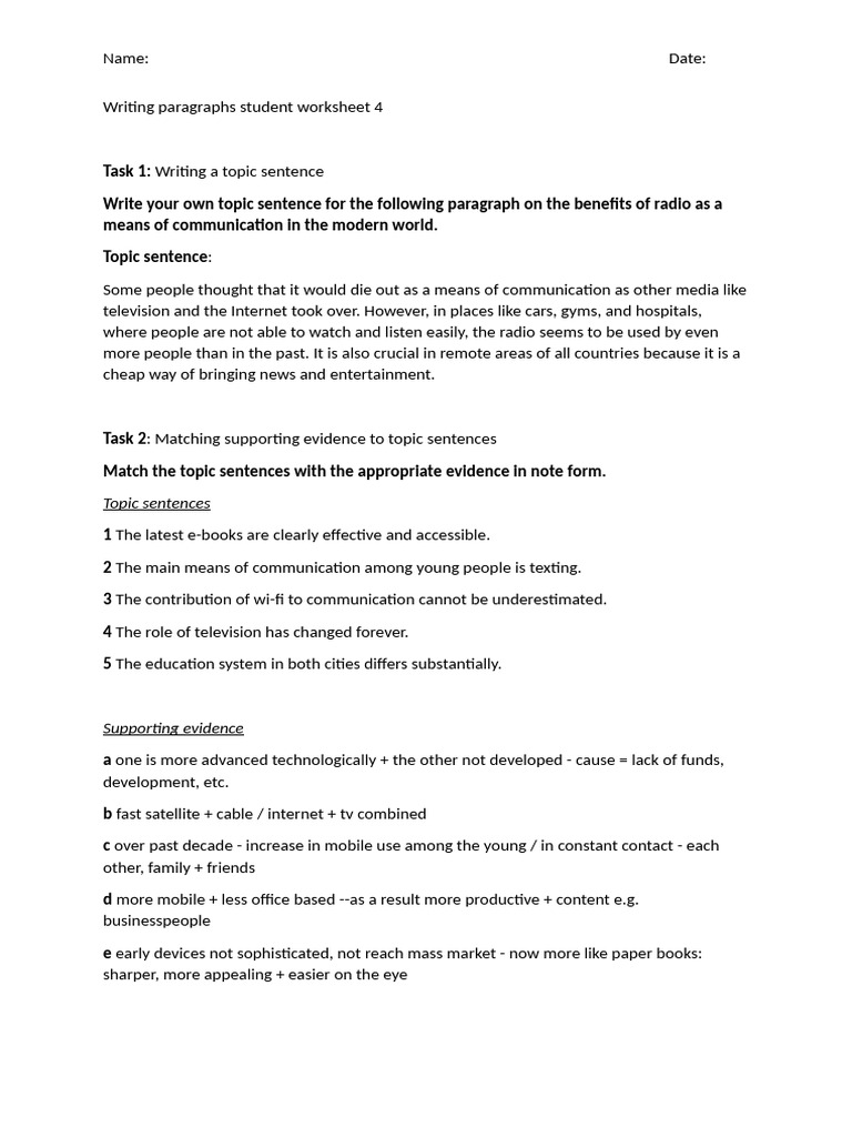 Section 1FN - Writing Paragraphs 4 Student Worksheet | PDF ...
