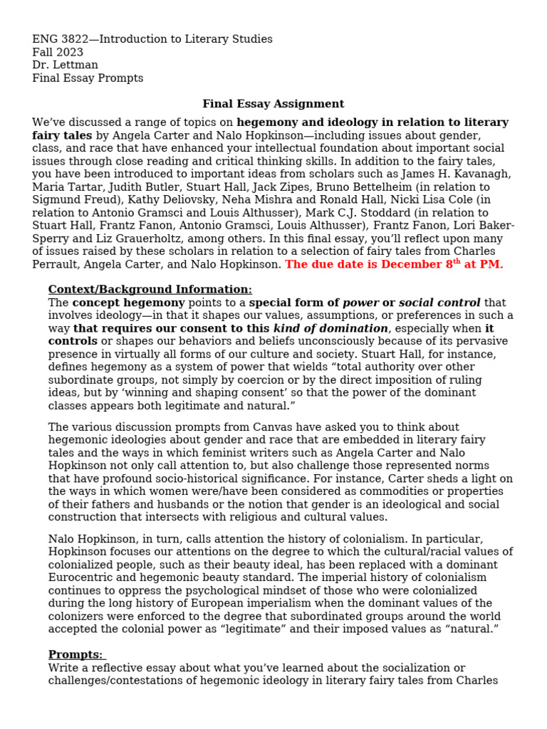 Final Essay Prompts - 2023-4 - 1179106456 | PDF | Argument | Fairy Tales
