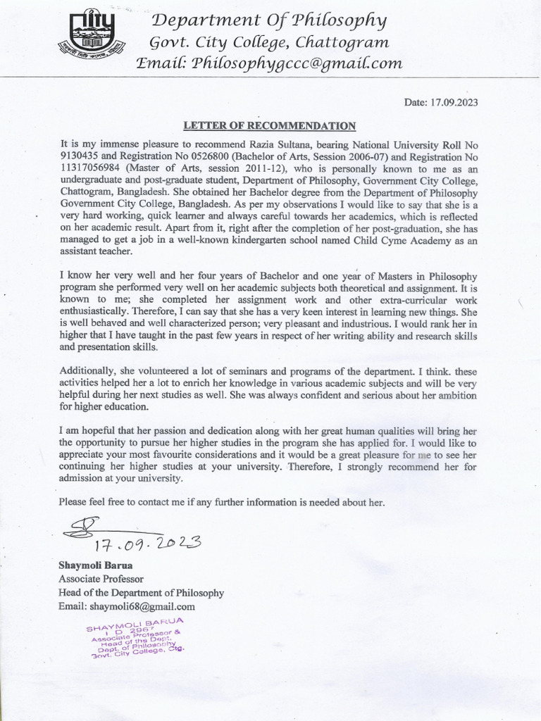 Razia Recommendation Letter 1 | PDF